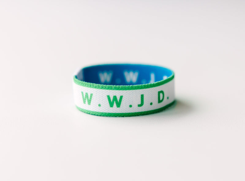 WWJD Blue Reversible Elastic Fabric Bracelet – Holy Pals